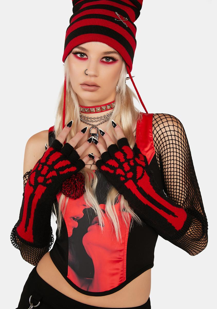 Current Mood Skeleton Knit Arm Warmers - Black/Red – Dolls Kill