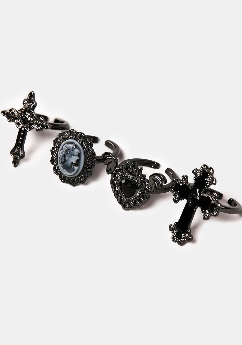 Cross Heart Cameo Ring Set - Silver – Dolls Kill