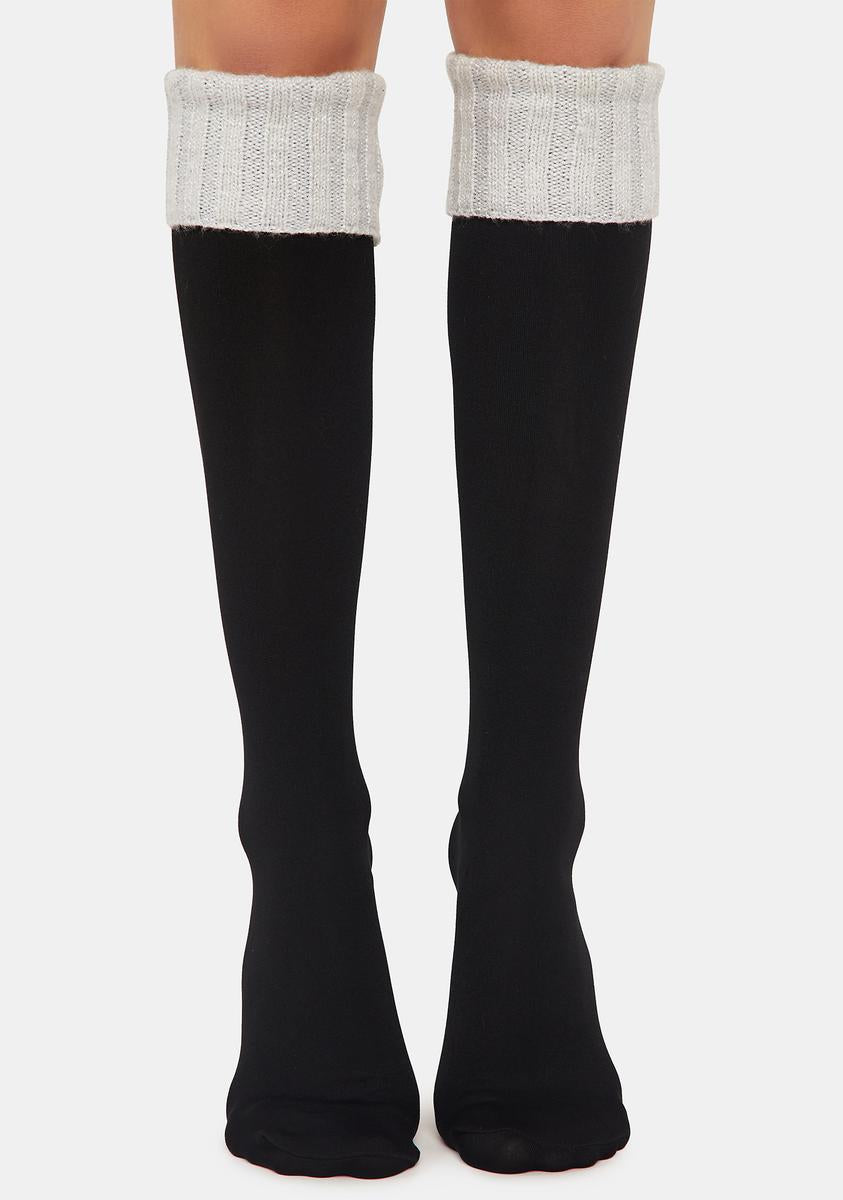 MeMoi Fleece Knee High Socks With Ribbed Cuff - Black/Silver – Dolls Kill