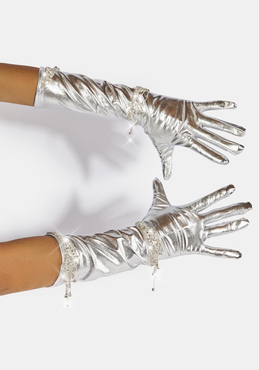 Metallic Long Gloves With Rhinestones - Silver – Dolls Kill