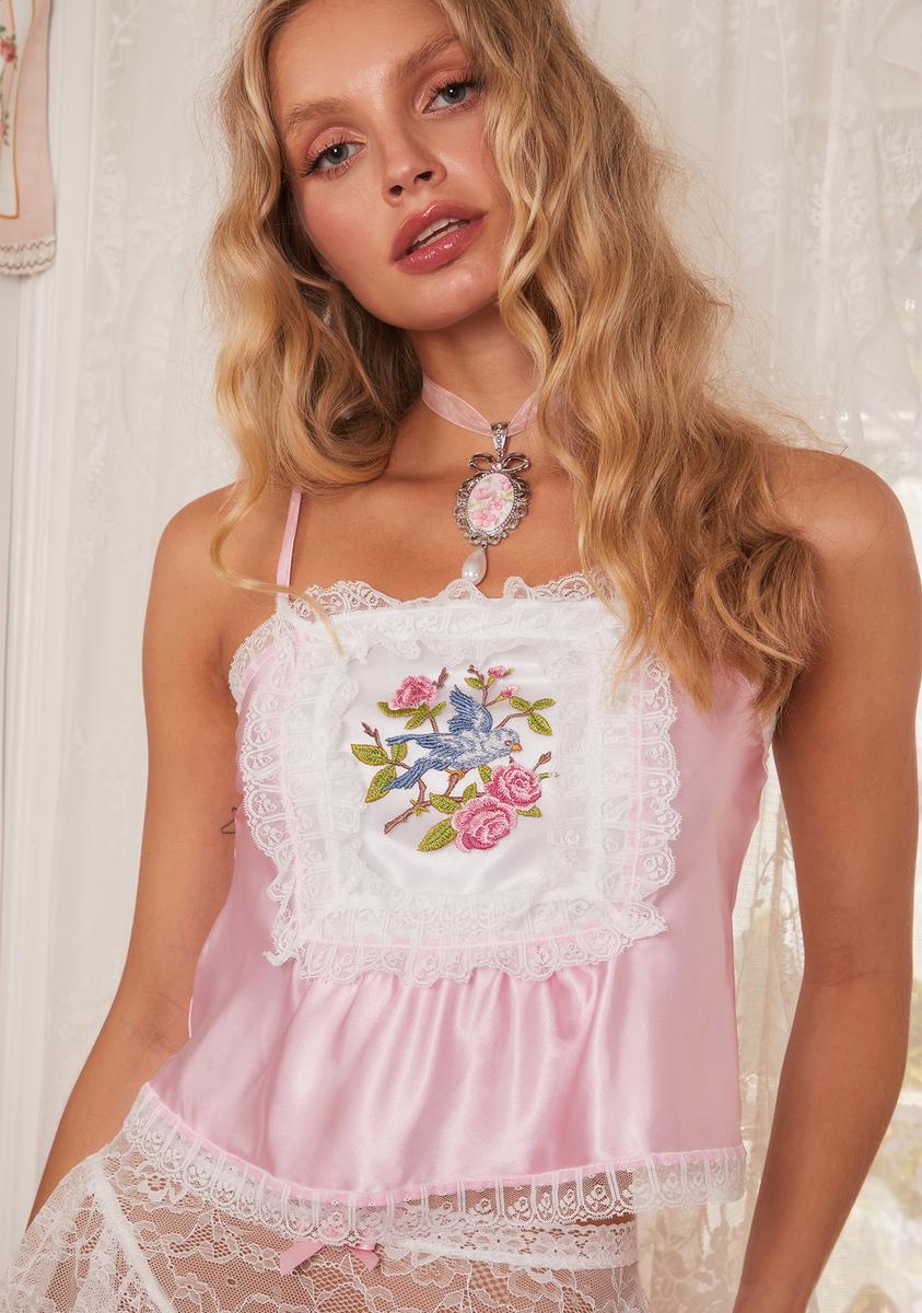 Sugar Thrillz Satin Embroidered Bird Lace Cami - Pink – Dolls Kill