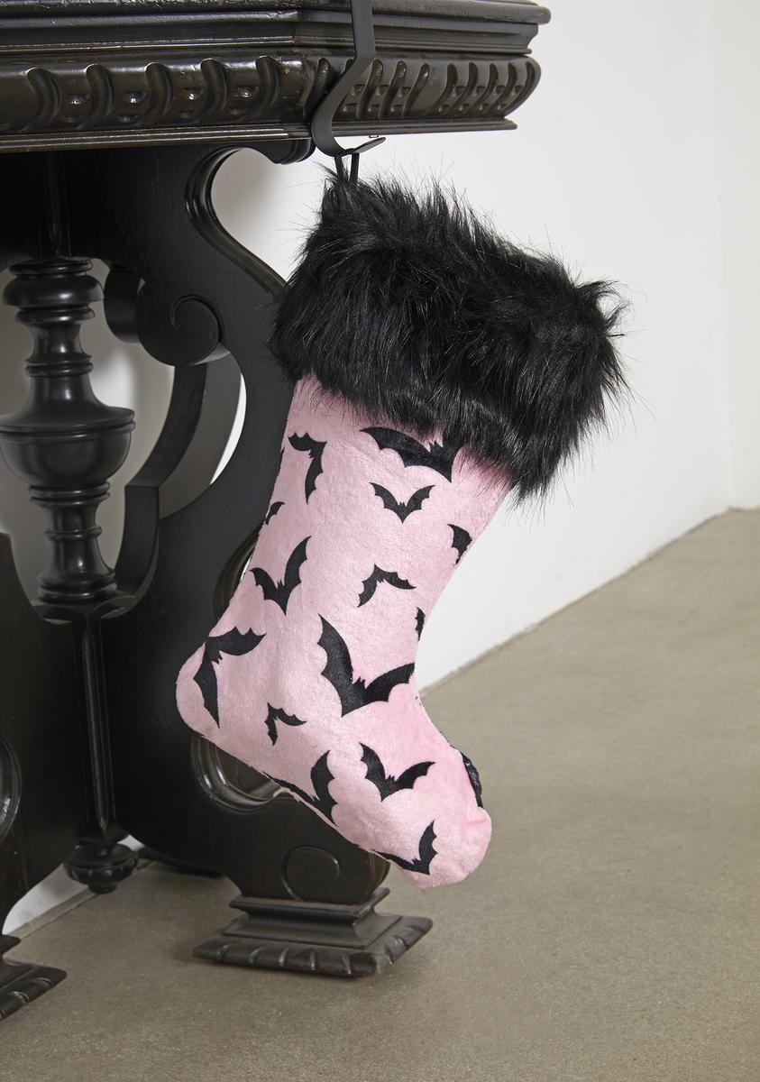 Dolls Home Bat Print Faux Fur Stocking - Pink/Black – Dolls Kill