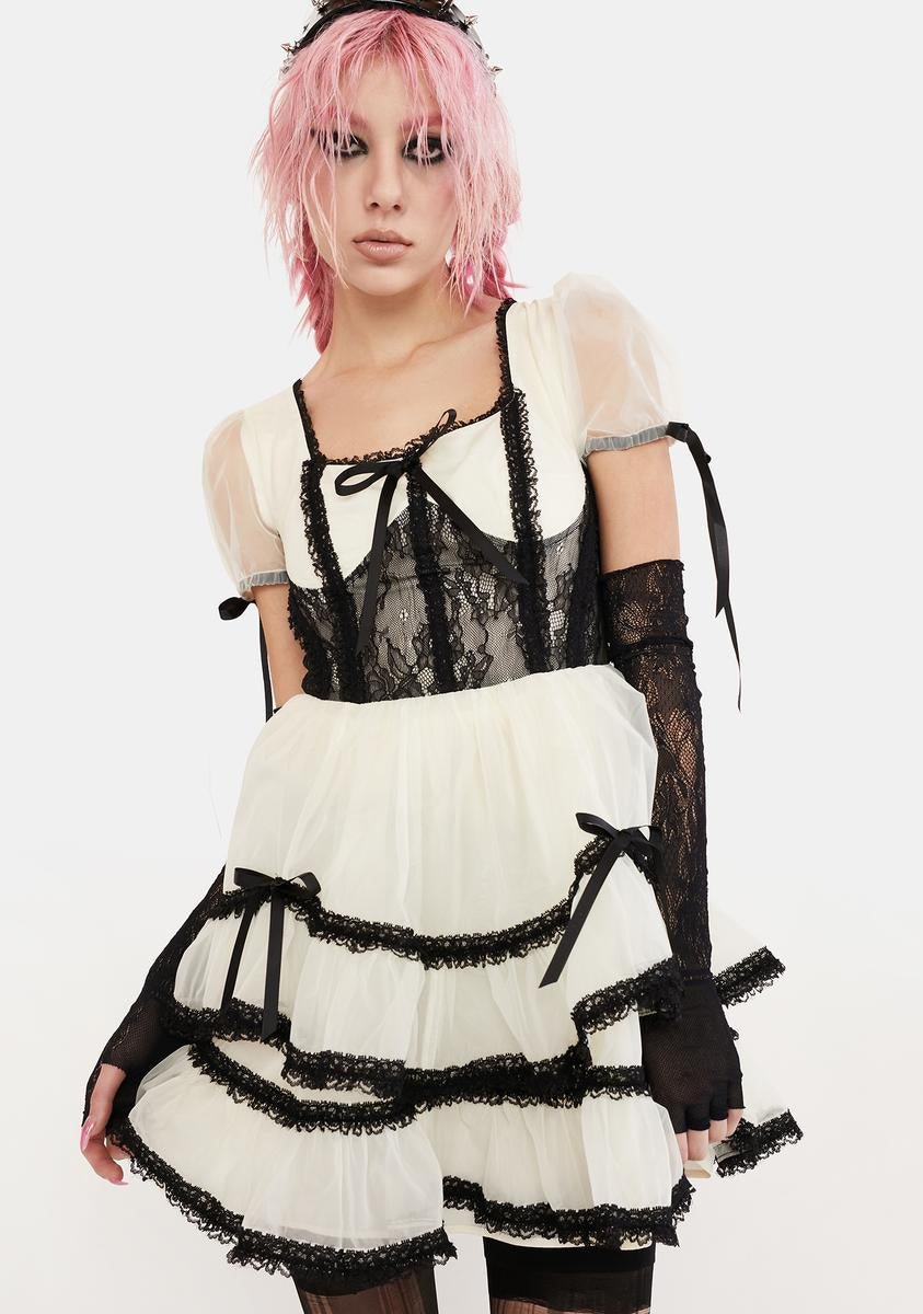 Current Mood Tiered Tulle Ruffle Lace Babydoll Dress - Black/Cream ...