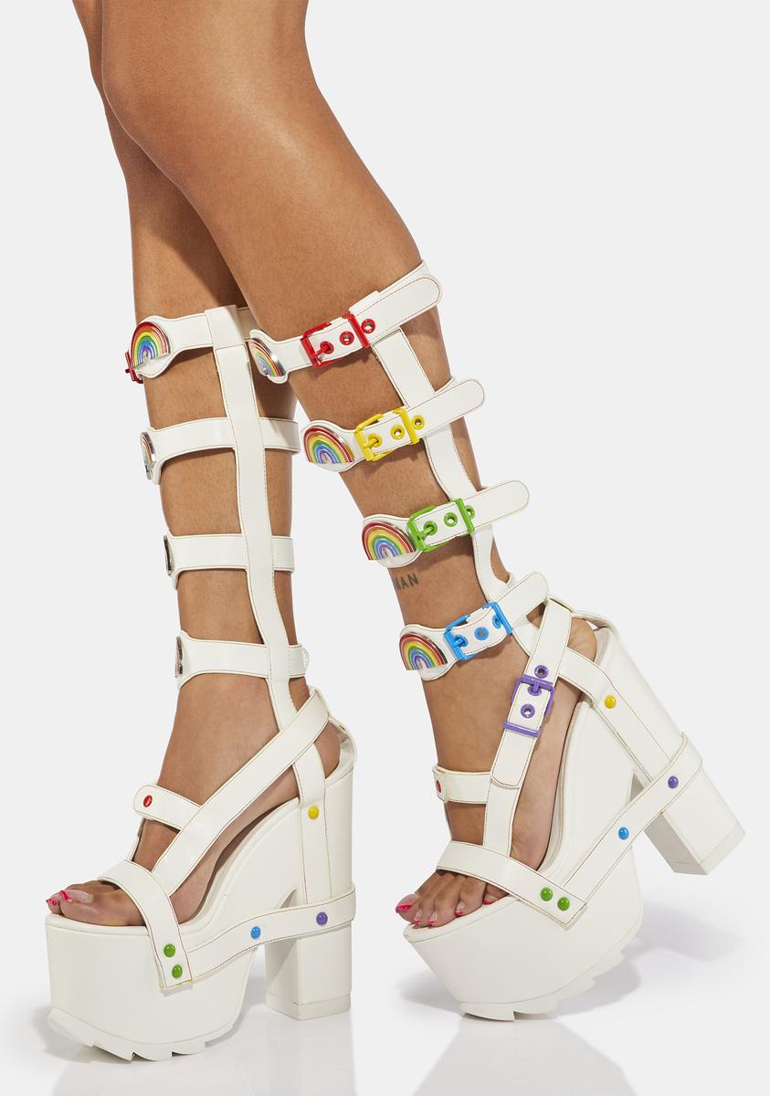 YRU x Dolls Kill Rainbow Strappy Platform Heels - White