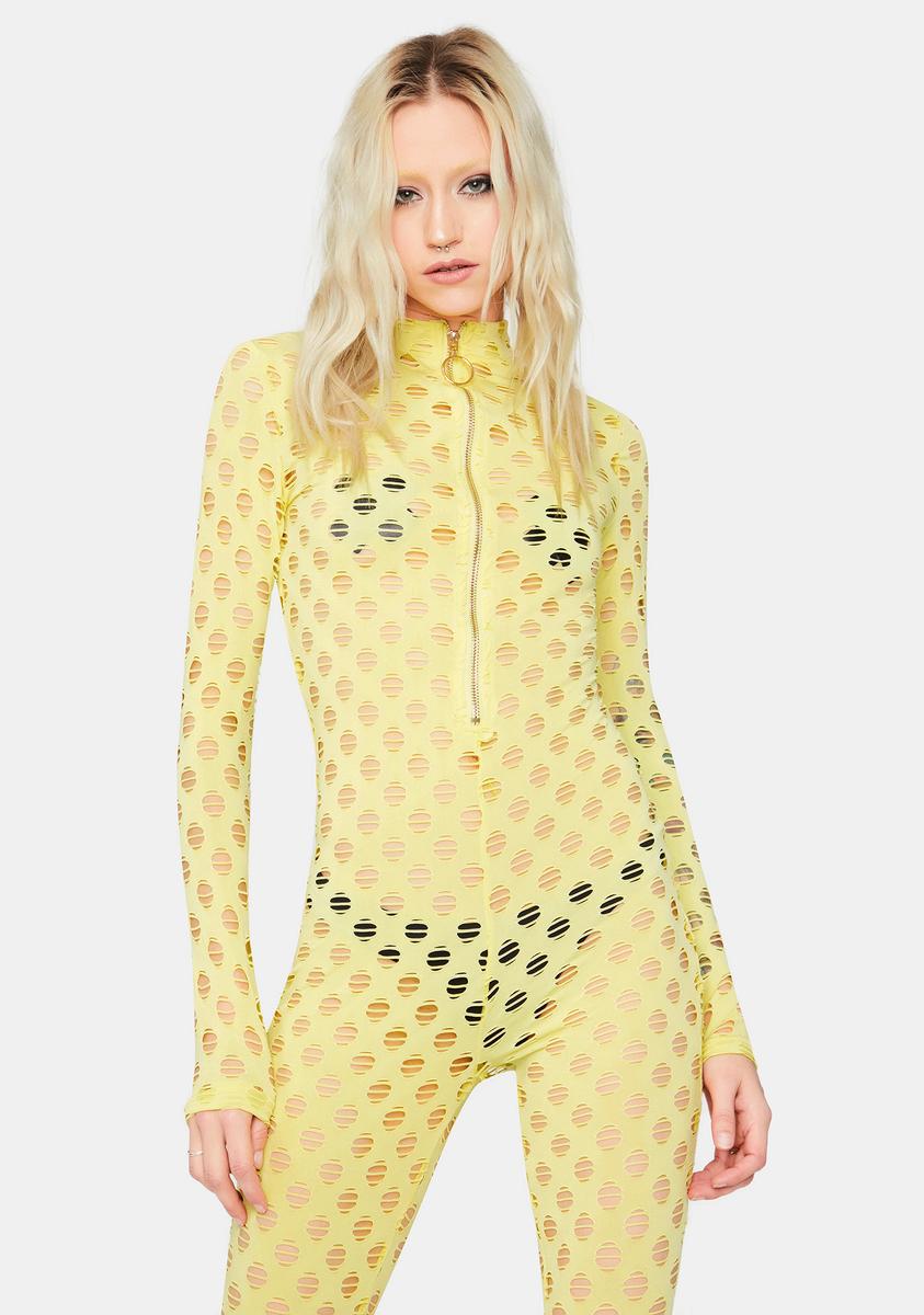 Thick Fishnet Zip Up Jumpsuit - Yellow – Dolls Kill