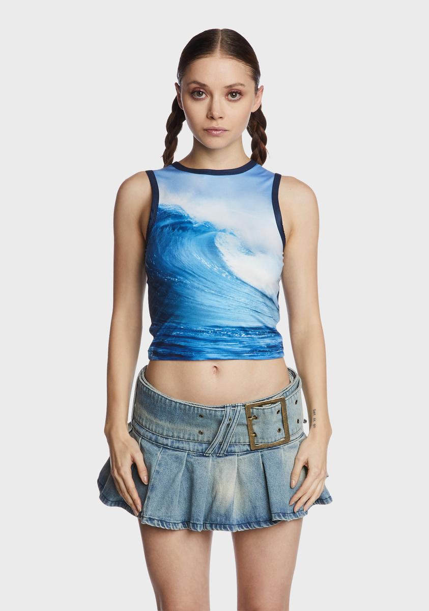 NGOrder Wave Graphic Print Crop Tank Top - Blue – Dolls Kill