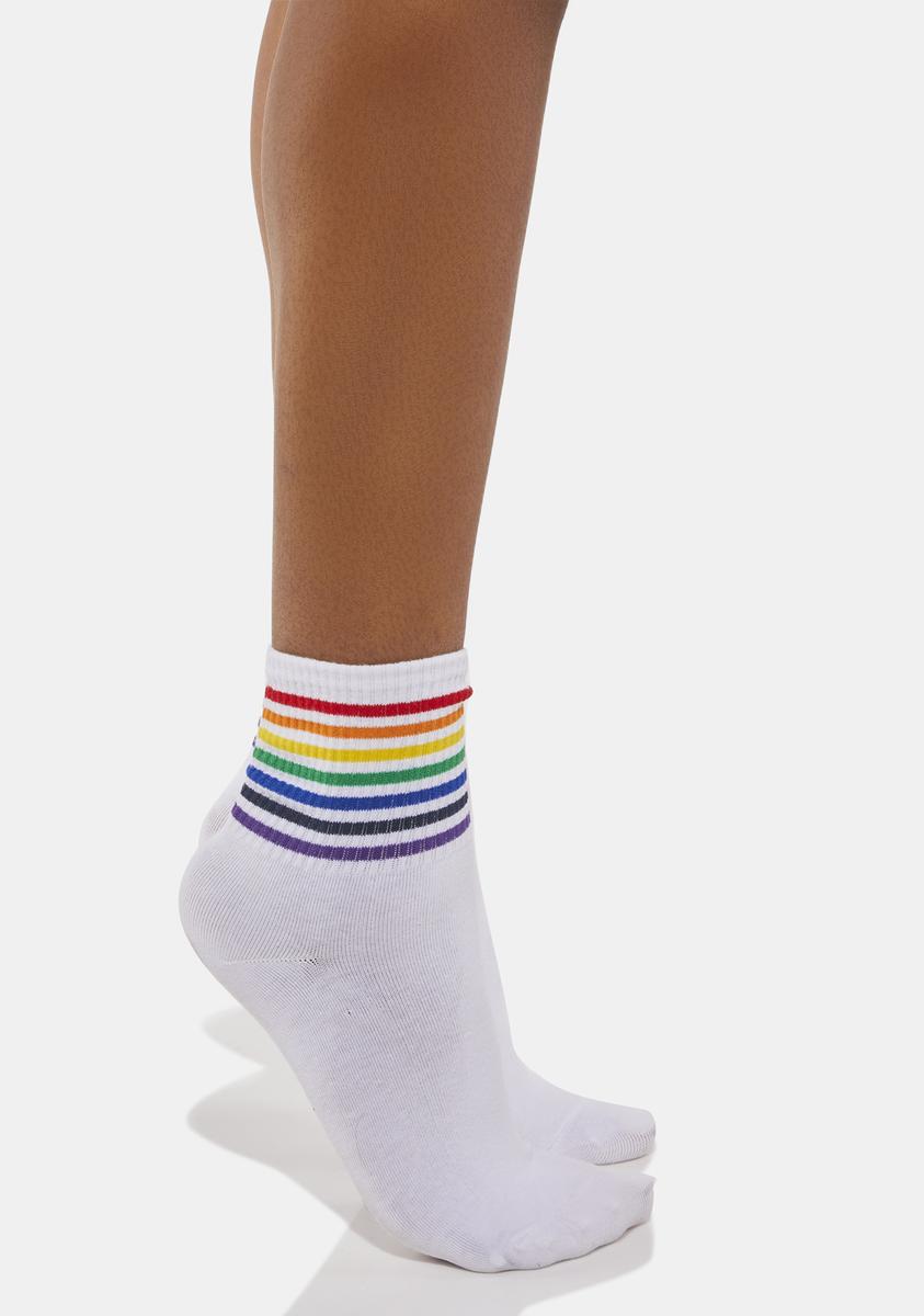 Ribbed Knit Rainbow Stripe Crew Socks - White – Dolls Kill