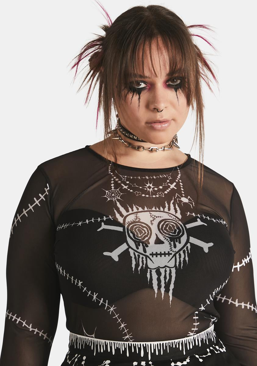 Plus Size Dolls Kill X Broken Brainz Skull Print Stitching Mesh Top - Black