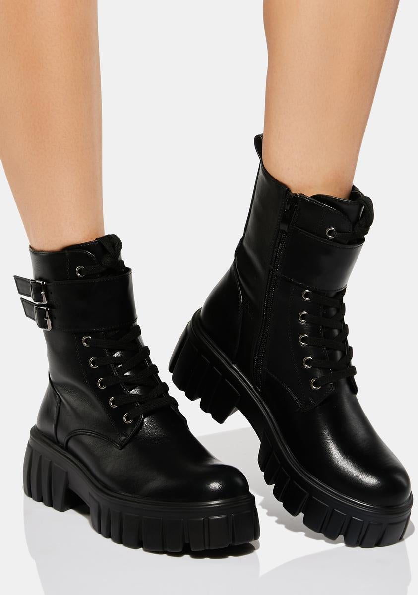 Vegan Leather Lace Up Buckle Strap Combat Boots - Black – Dolls Kill