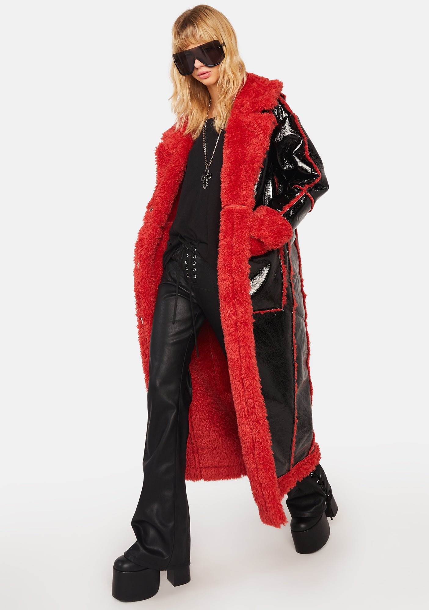 AZALEA WANG Patent Faux Shearling Coat - Black/Red – Dolls Kill