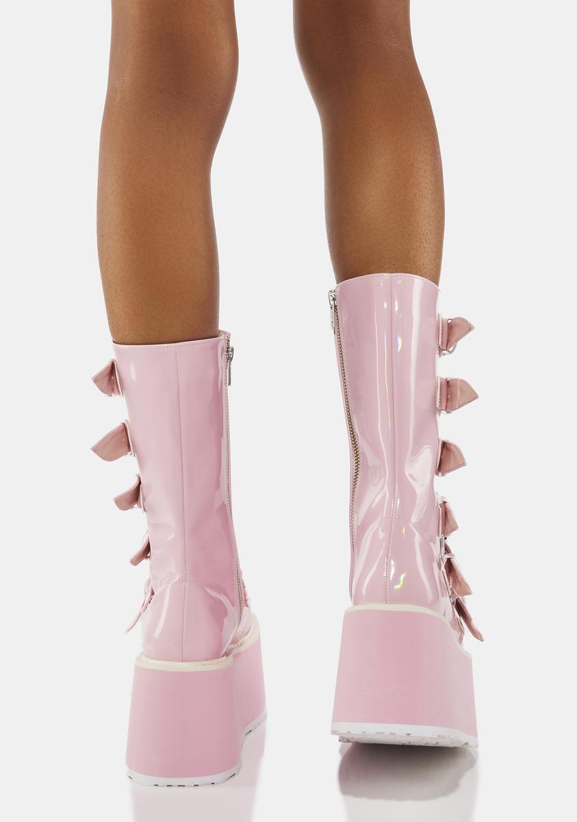 Demonia Damned-225 Platform Buckle Boots - Pink Holographic – Dolls Kill