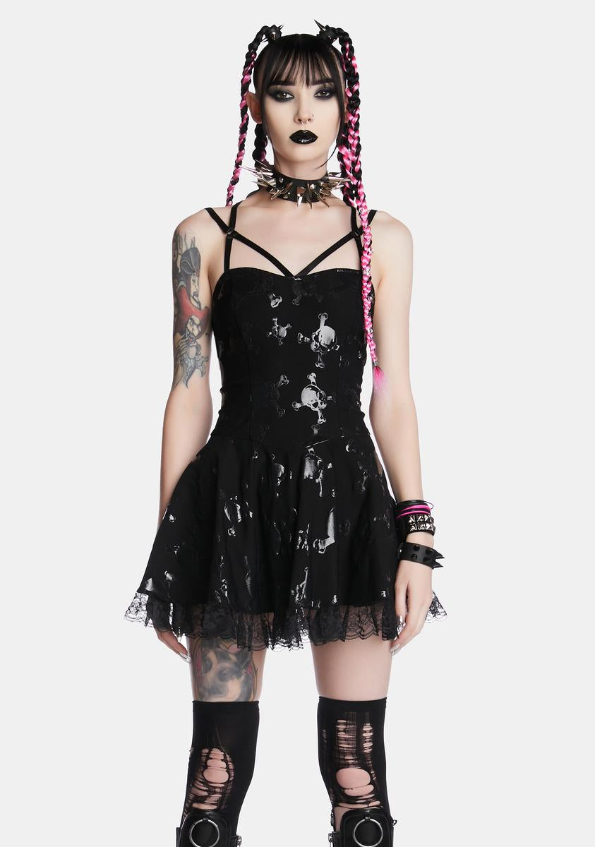 Widow Skull Print Lace Trim Strappy Mini Dress - Black – Dolls Kill