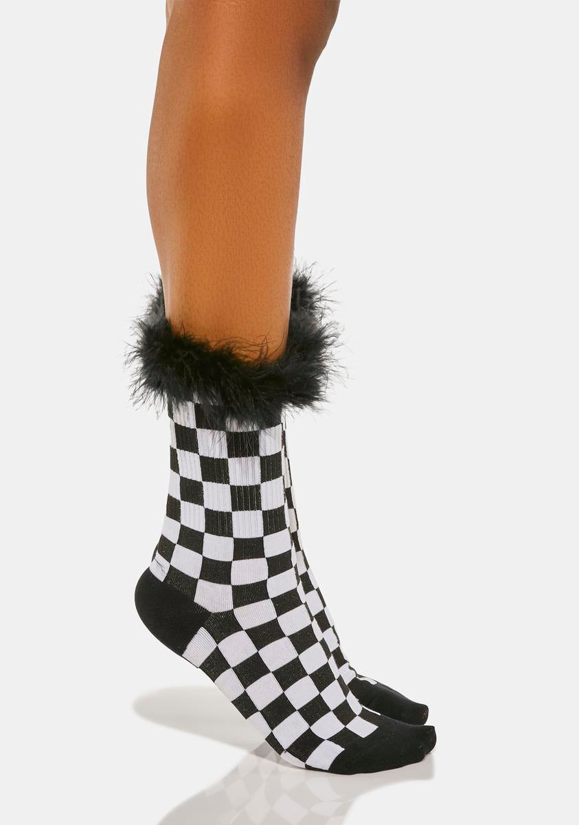 Check Me Out Feather Trim Checkered Print Ribbed Crew Socks - Black ...