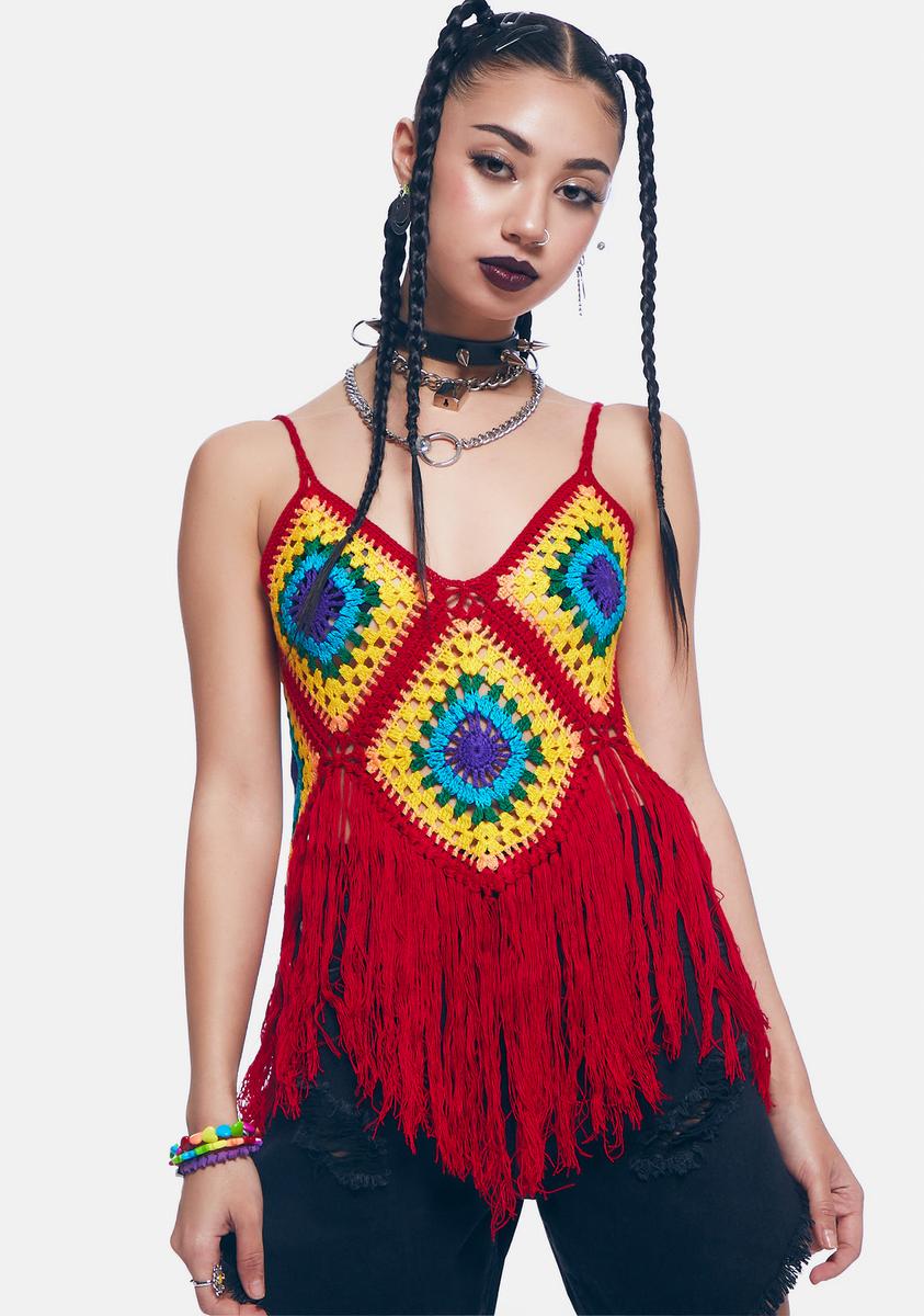 Patchwork Crochet Fringe Top - Red – Dolls Kill