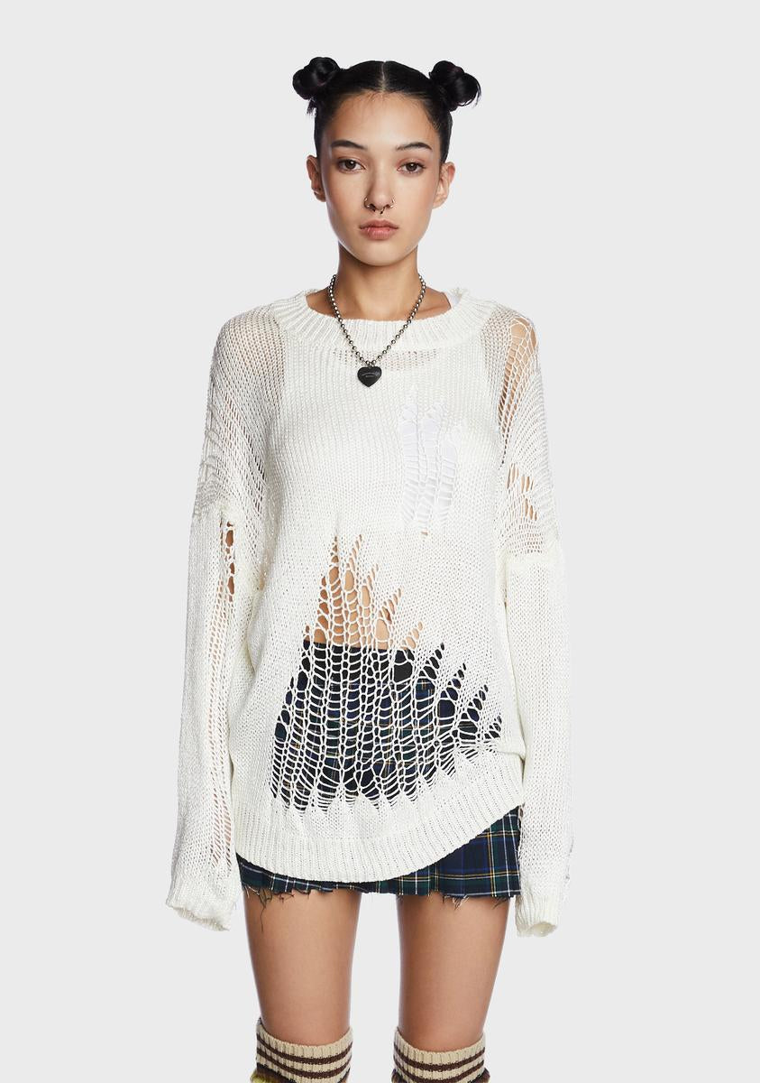 Distressed Frayed Knit Sweater - White – Dolls Kill