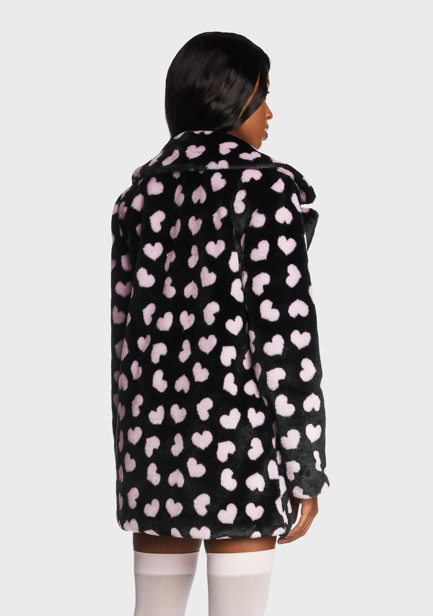Sugar Thrillz Heart Print Faux Fur Coat - Black/Pink – Dolls Kill