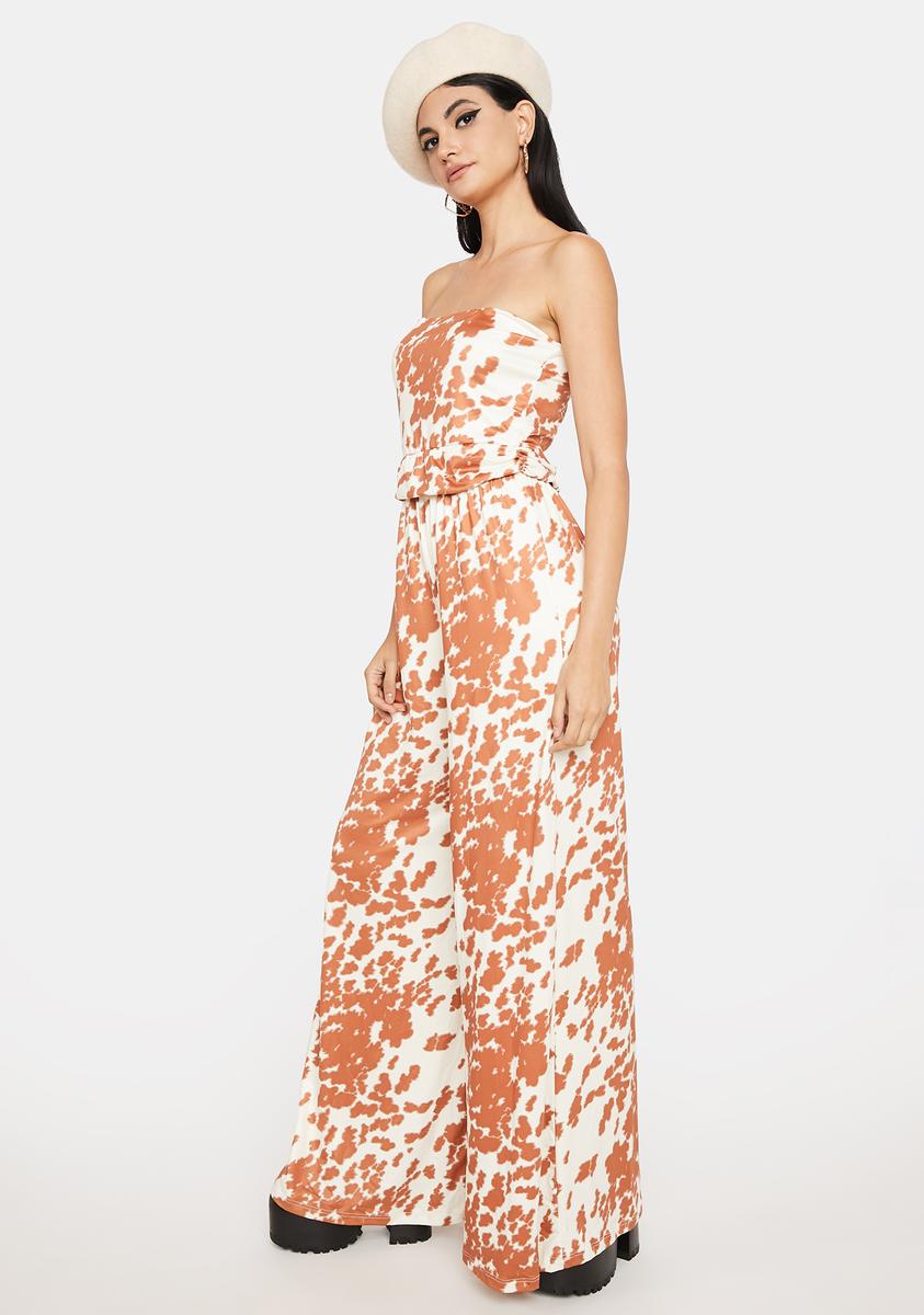 Cow Print Wide Leg Jumpsuit - Cream/Camel – Dolls Kill