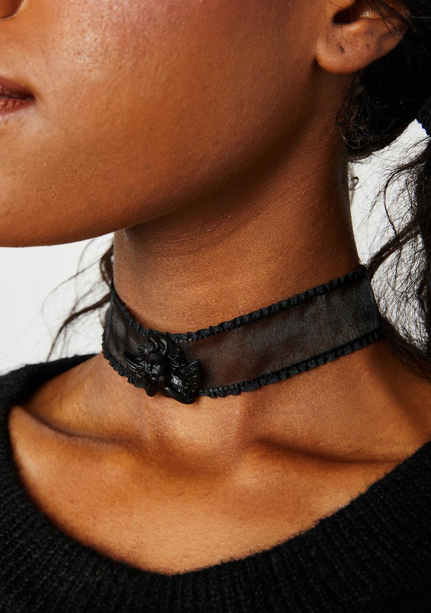Sheer Mesh Choker With Cherub Charm - Black – Dolls Kill