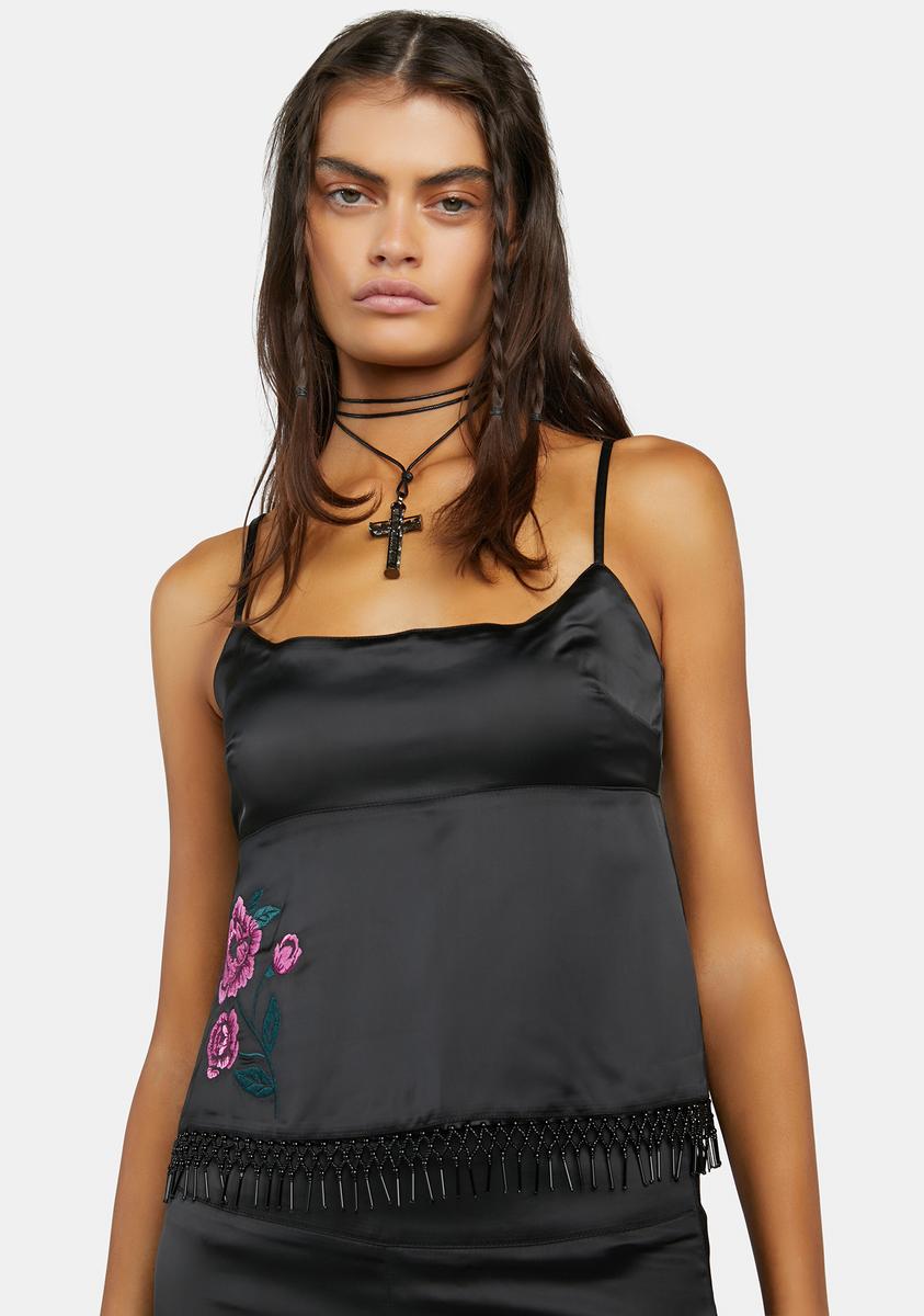 Delia's by Dolls Kill Satin Embroidered Rose Tank Top - Black