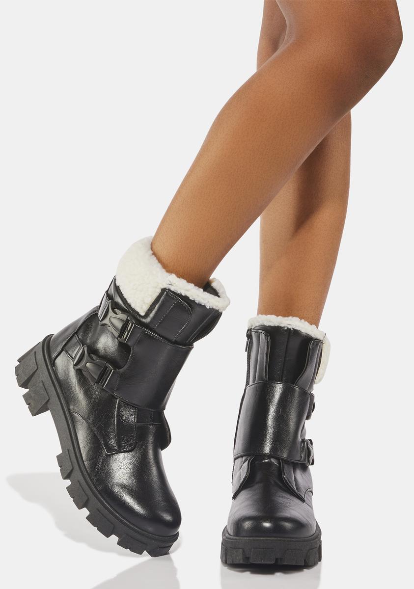 Fleece Trim Buckle Combat Boots - Black Vegan Leather – Dolls Kill