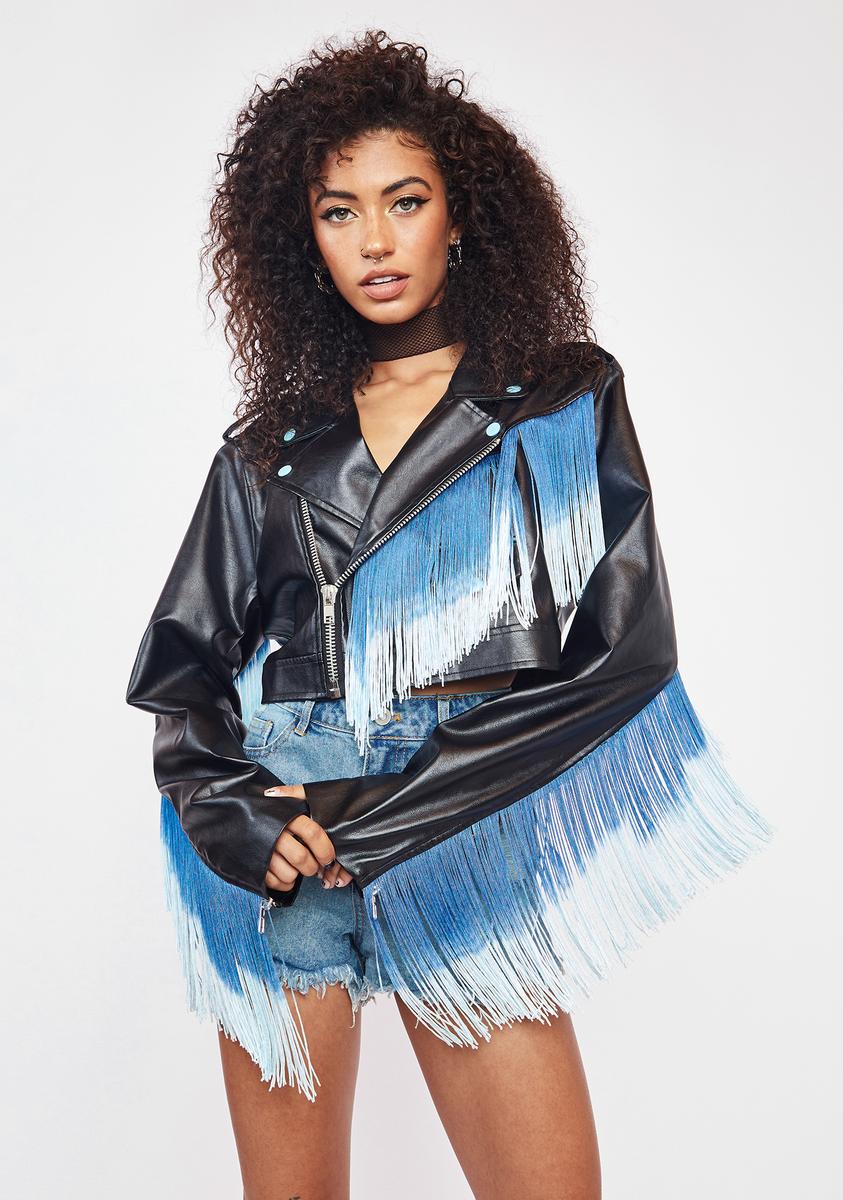 Fringe Trim Cropped Moto Jacket - Black/Blue – Dolls Kill