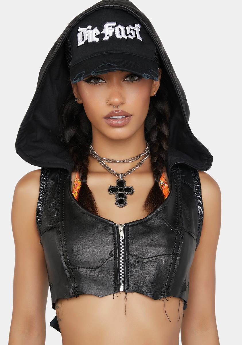 Junker Cropped Leather Hoodie Vest - Black – Dolls Kill