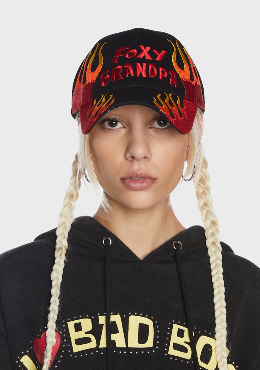 Dolls Kill x SpongeBob Squarepants Foxy Grandpa Flame Baseball Hat - Black