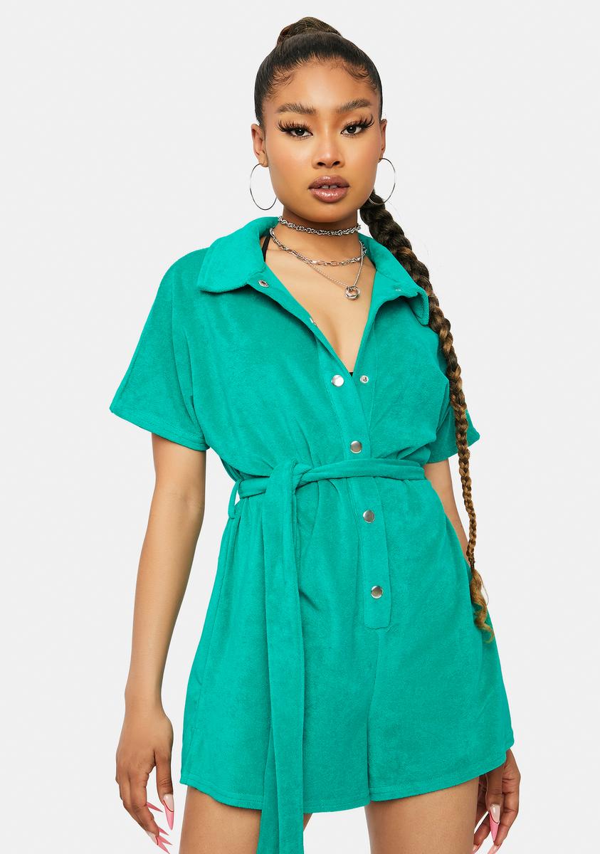 Button Up Short Sleeve Tie Waist Romper - Green – Dolls Kill