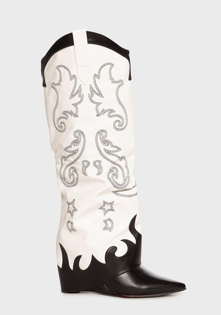 AZALEA WANG Foldover Shaft Two Tone Cowboy Boots - Black/White – Dolls Kill