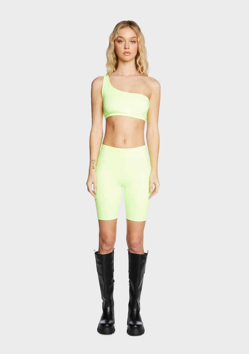 One Shoulder Crop Top Biker Short Set - Neon Yellow – Dolls Kill