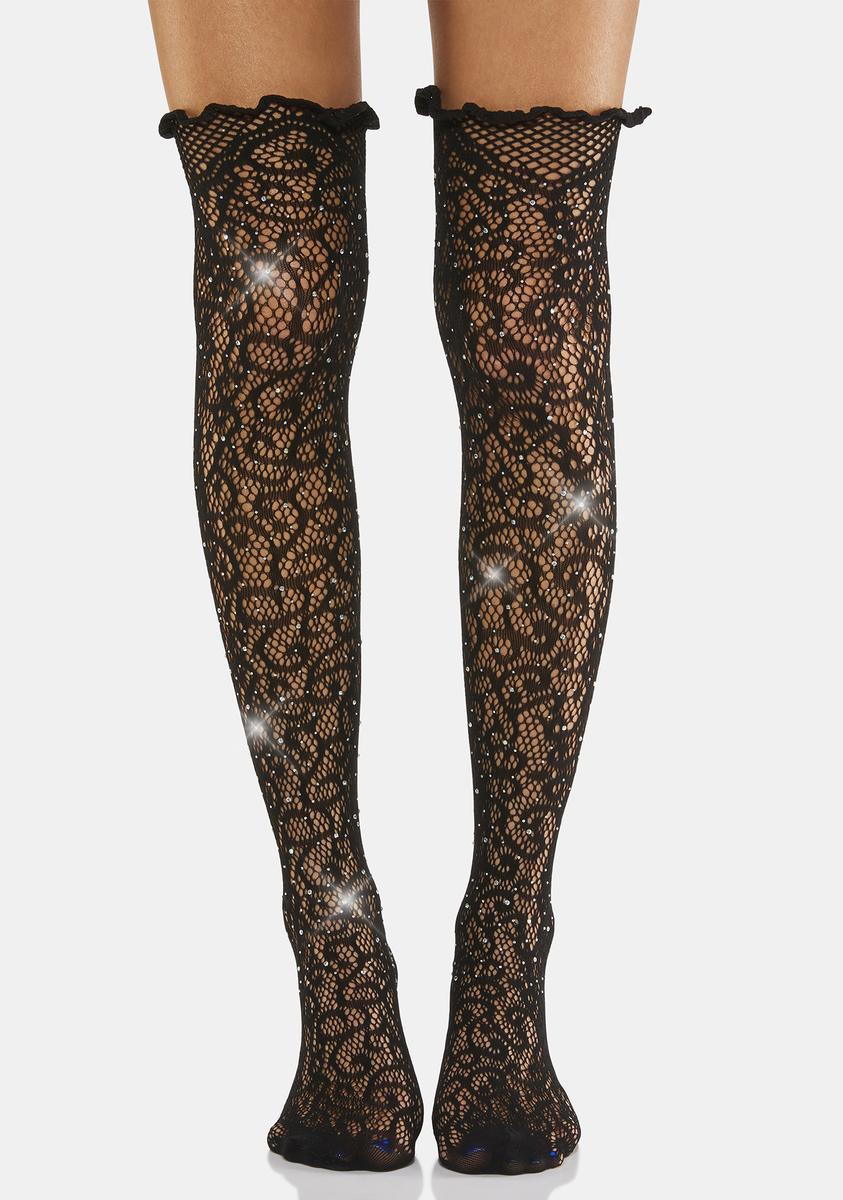 Lace Fishnet Rhinestone Thigh High Socks - Black – Dolls Kill