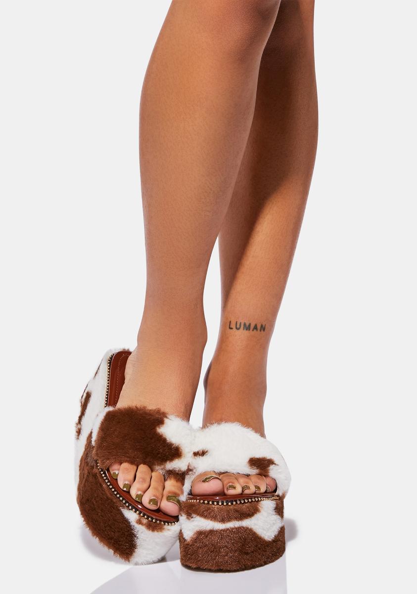 Faux Fur Platform Cow Print Sandals Brown White – Dolls Kill