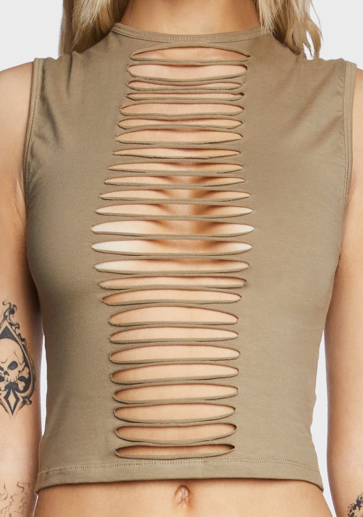 Motel Slashed Cut Out Crop Tank - Light Green – Dolls Kill