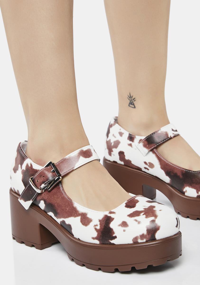 Koi Footwear Cow Print Buckle Mary Janes - Brown – Dolls Kill