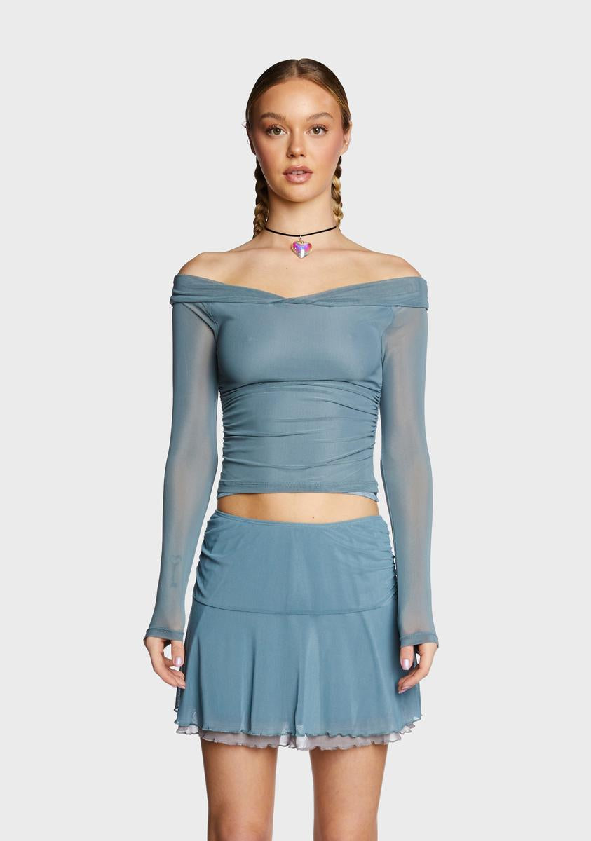Motel Twist Off Shoulder Mesh Crop Top - Blue/Grey – Dolls Kill