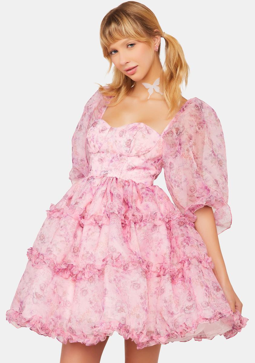 Fanciful Doll Ruffle Trim Sweetheart Puff Sleeve Babydoll Dress - Pink ...