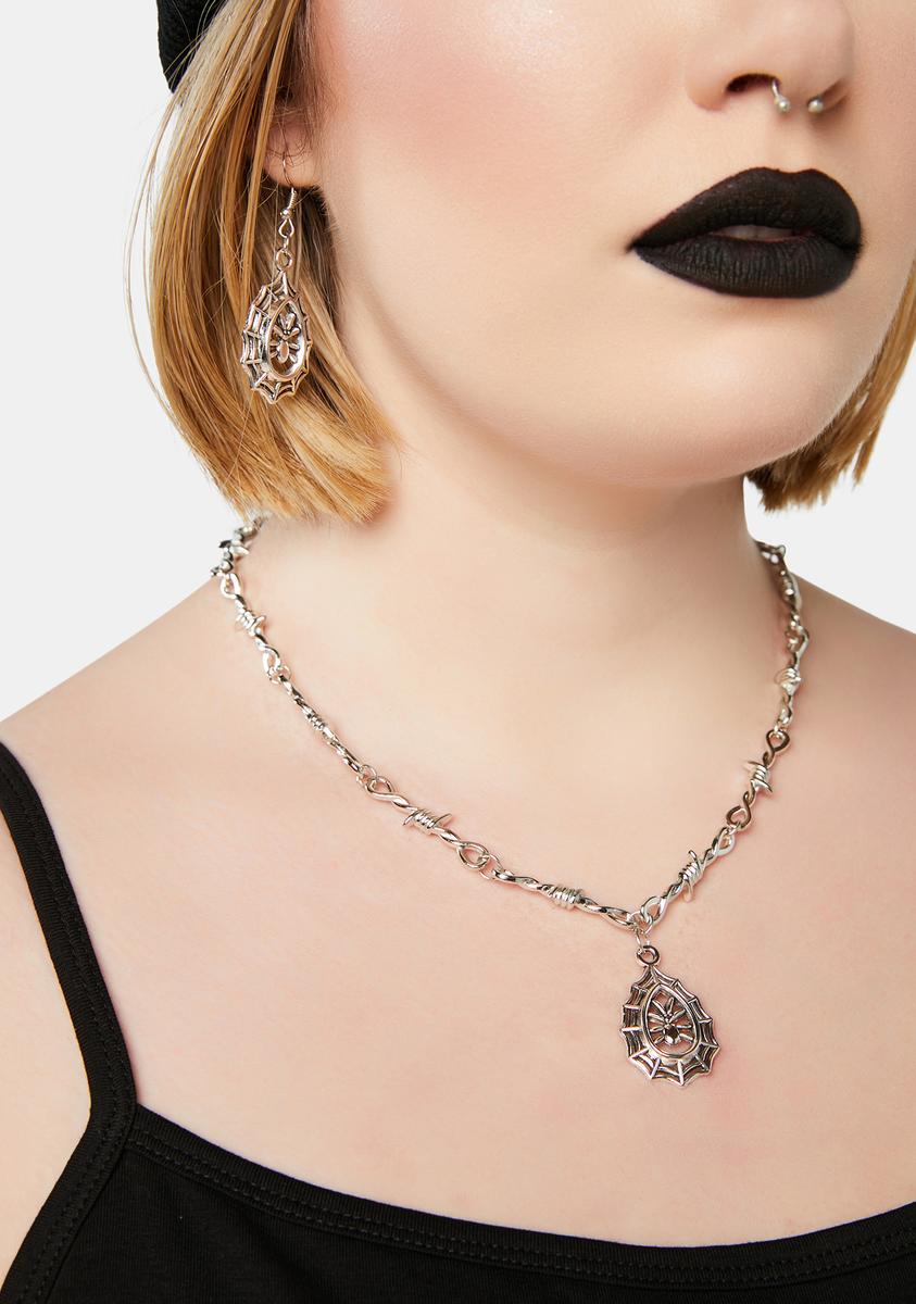 Spider Web Chain Necklace & Earrings Set - Silver – Dolls Kill