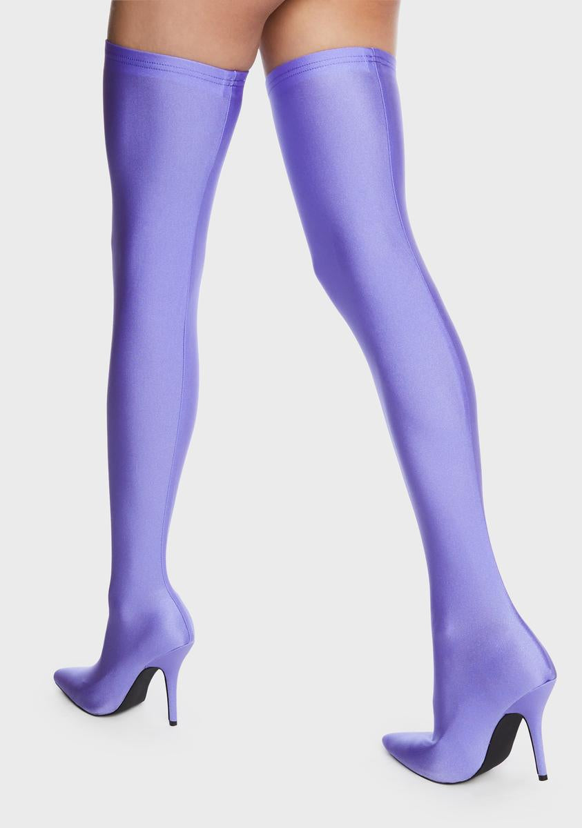 Azalea Wang Shiny Stretch Stiletto Thigh High Boots Purple Dolls Kill