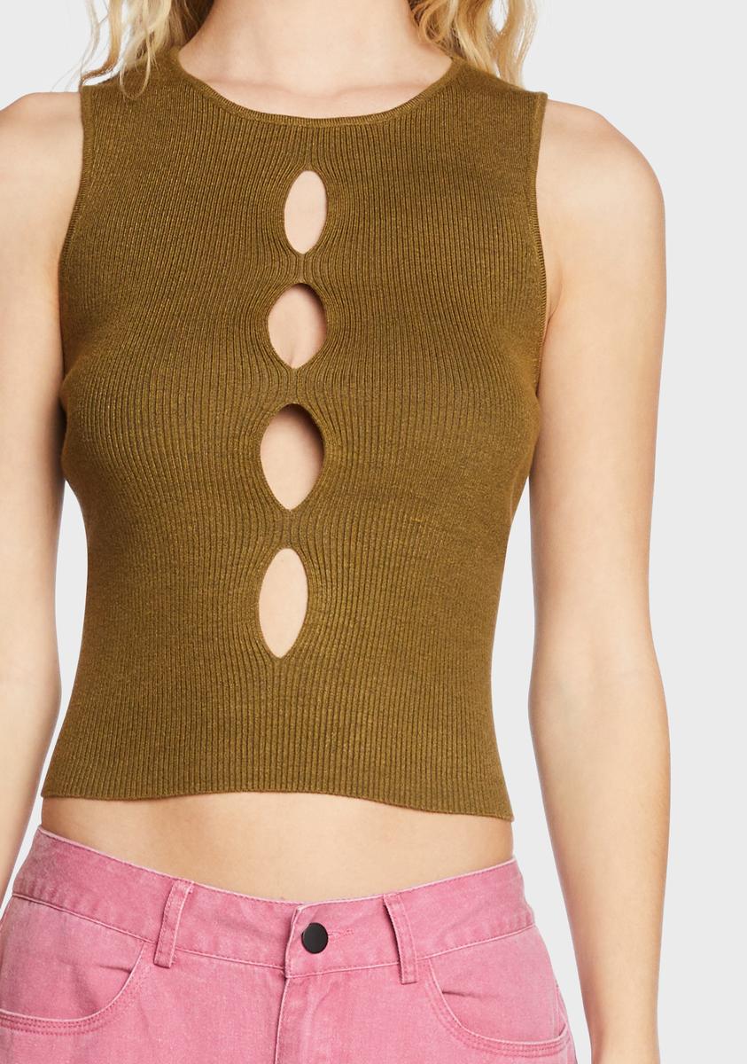 Pretty Garbage Ribbed Knit Keyhole Cut Out Sleeveless Crop Top - Olive ...