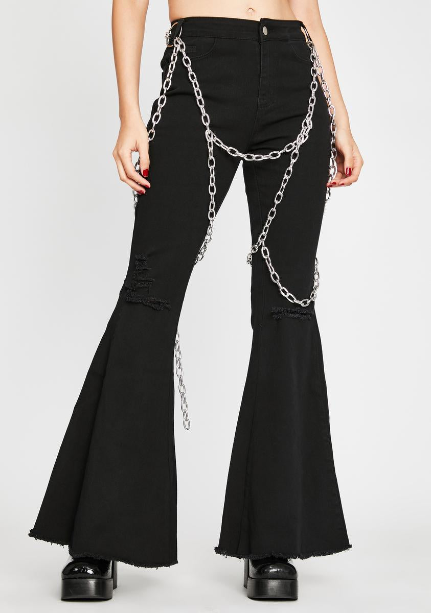 Chain Belt Distressed Denim Flares – Dolls Kill