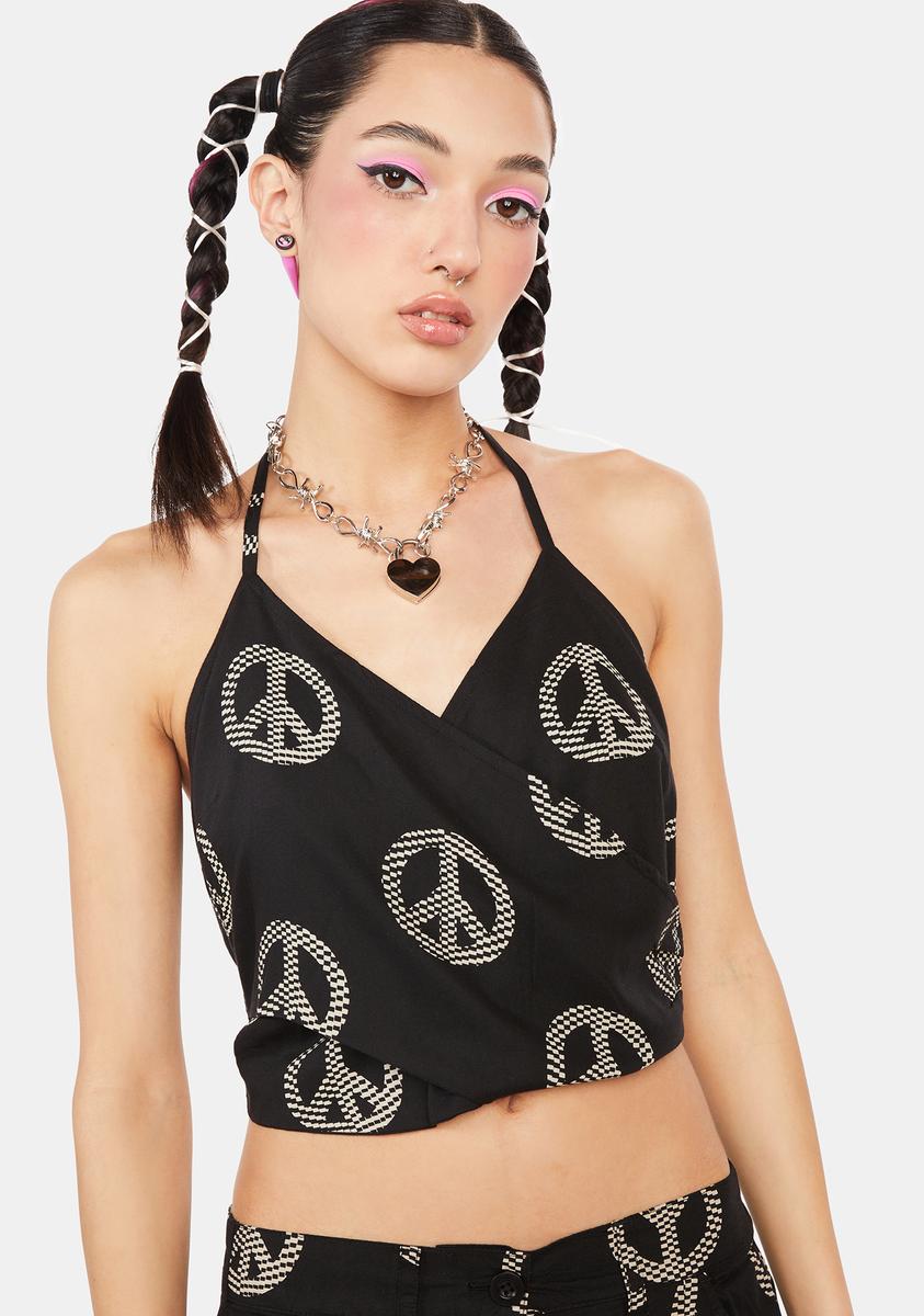Obey Wrap Halter Peace Sign Print Crop Tank Top - Black – Dolls Kill