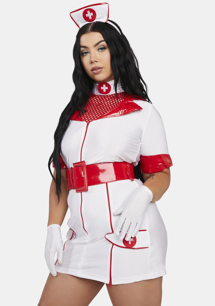 Plus Size Sexy Zip Up Nurse Costume White Red Dolls Kill
