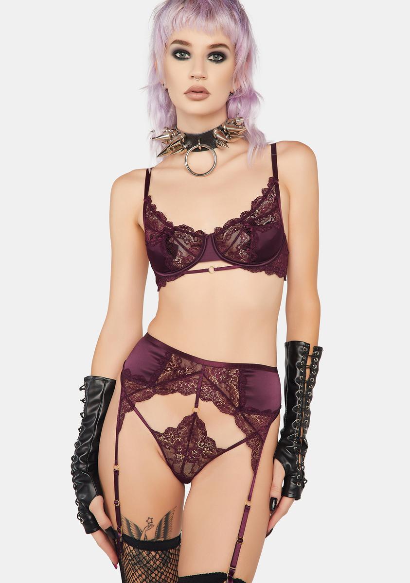 Oh la la Cheri Lace And Satin Bra, Panty, And Thong Set - Purple – Dolls Kill