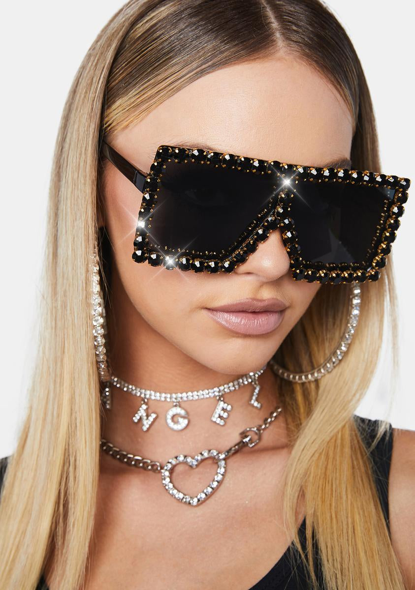 Oversized Rhinestone Embellished Shield Sunglasses - Black – Dolls Kill
