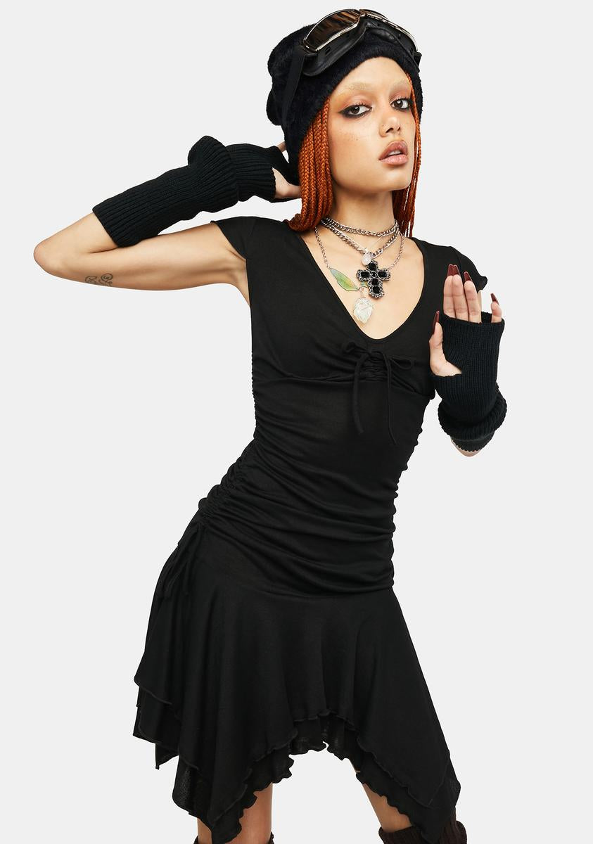 Current Mood Asymmetrical Ruched Mini Dress - Black – Dolls Kill