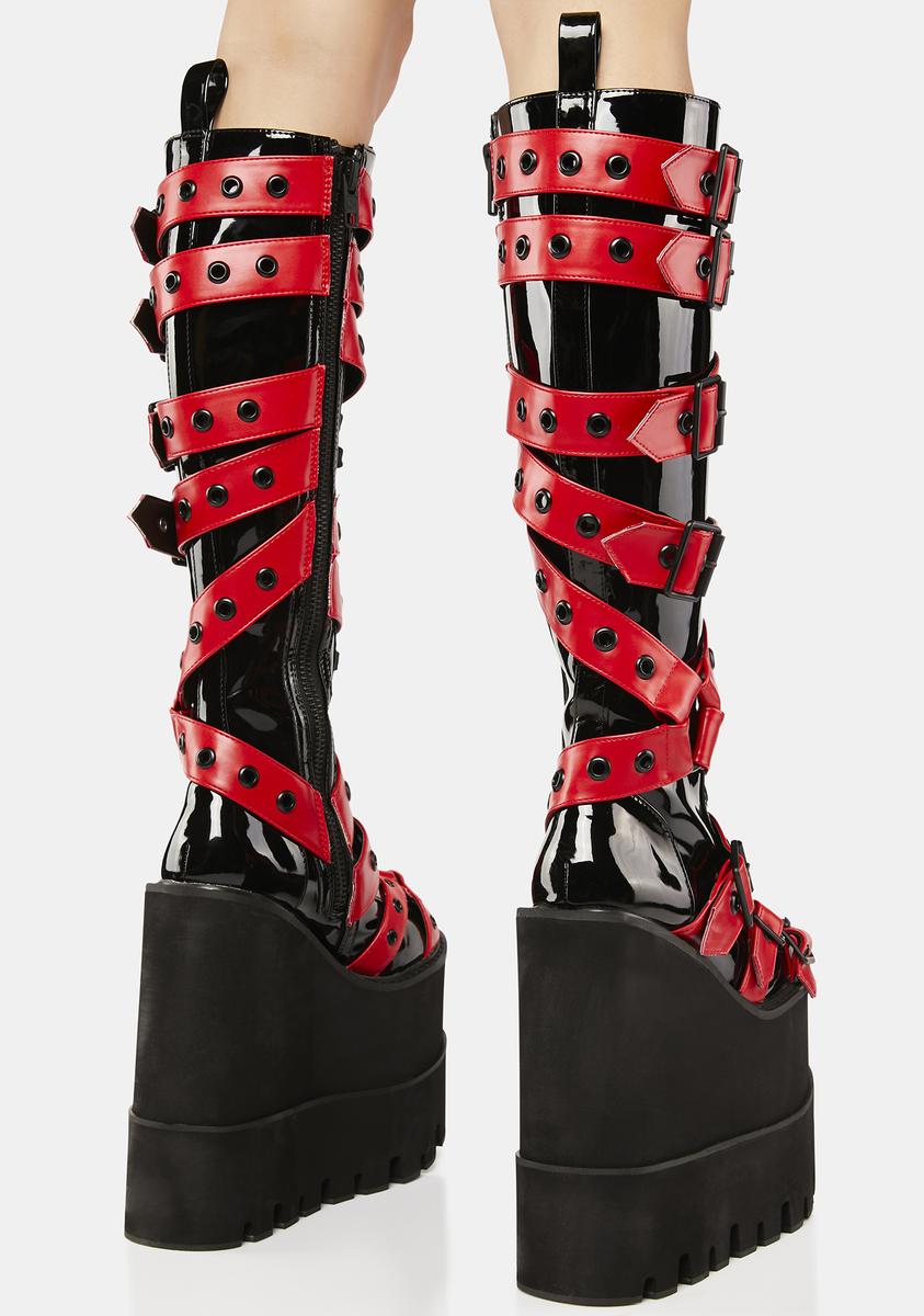 Current Mood Double Stacked Knee High Platform Buckle Boots - Black/Red ...