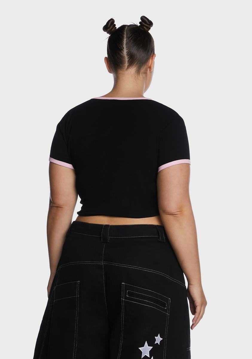 Plus Size Current Mood Embroidered Bunny Ringer Crop Tee - Black – Dolls Kill