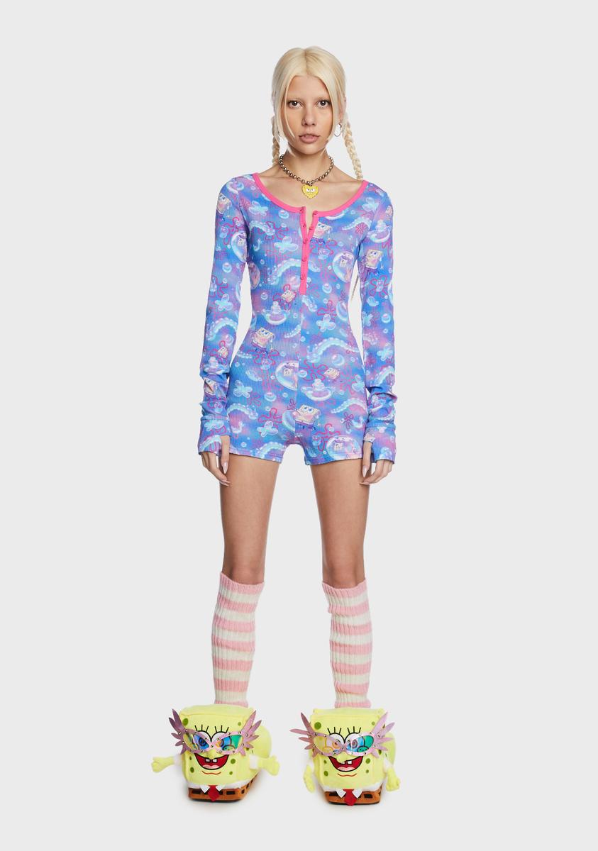 Dolls Kill x SpongeBob Bubble Graphic Print Waffle Knit Pajama Onesie ...