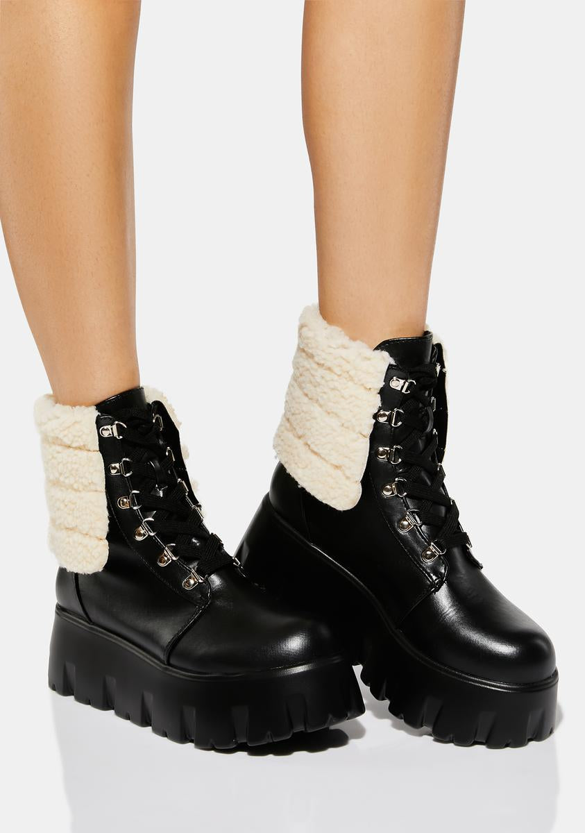 Faux Fur Lace Up Vegan Leather Boots - Black – Dolls Kill