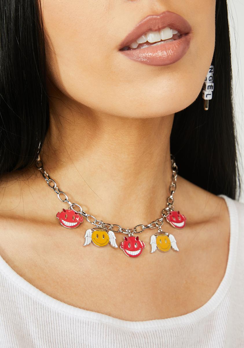 Devil And Angel Head Charm Chain Necklace - Silver/Red/Yellow – Dolls Kill